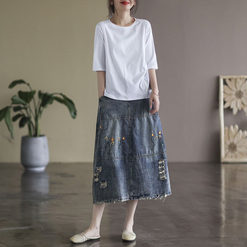 Chân váy denim lưng thun ba khuy cài thêu hoa lá - V007 – kamaka.vn